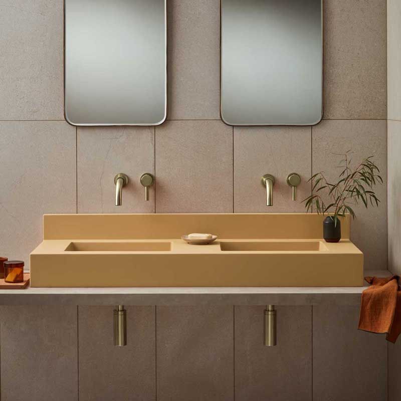 Xanti Rectangular Concrete Double Basin with Backsplash - Ochre Yellow