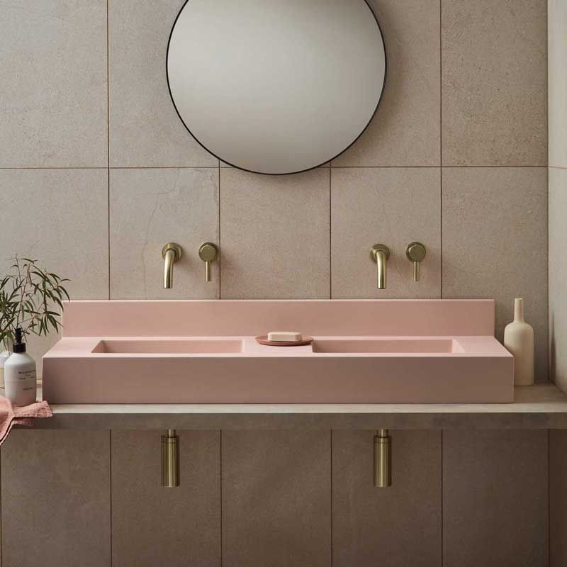 Xanti Rectangular Concrete Double Basin with Backsplash - Blush Pink