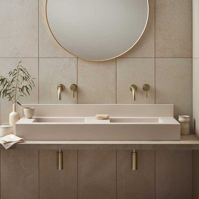 Xanti Rectangular Concrete Double Basin with Backsplash - Linen White