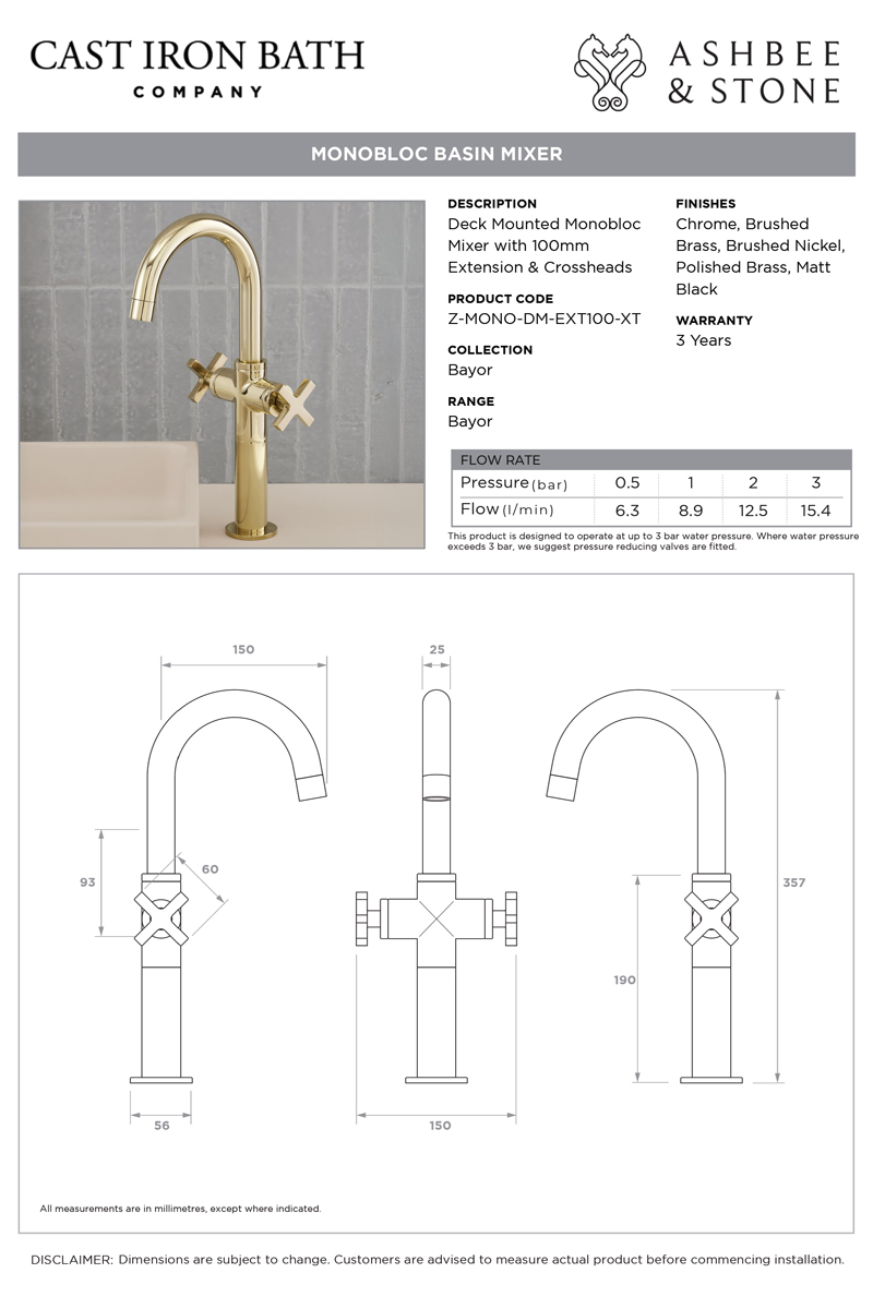 Bayor Monobloc Basin Mixer - Deck Mounted - X-Top - 100mm Extension ...