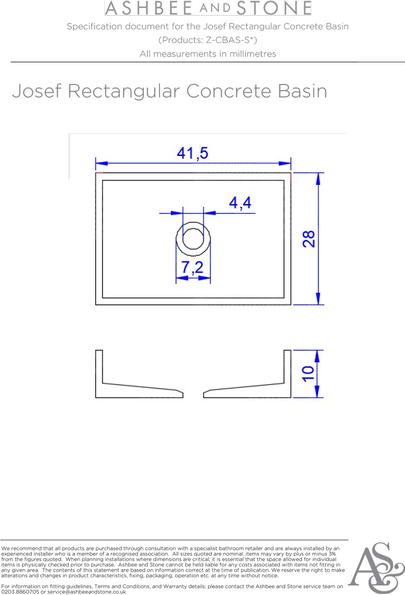 Josef Rectangular Concrete Basin 41.5x28x10 - Freestanding - Linen White